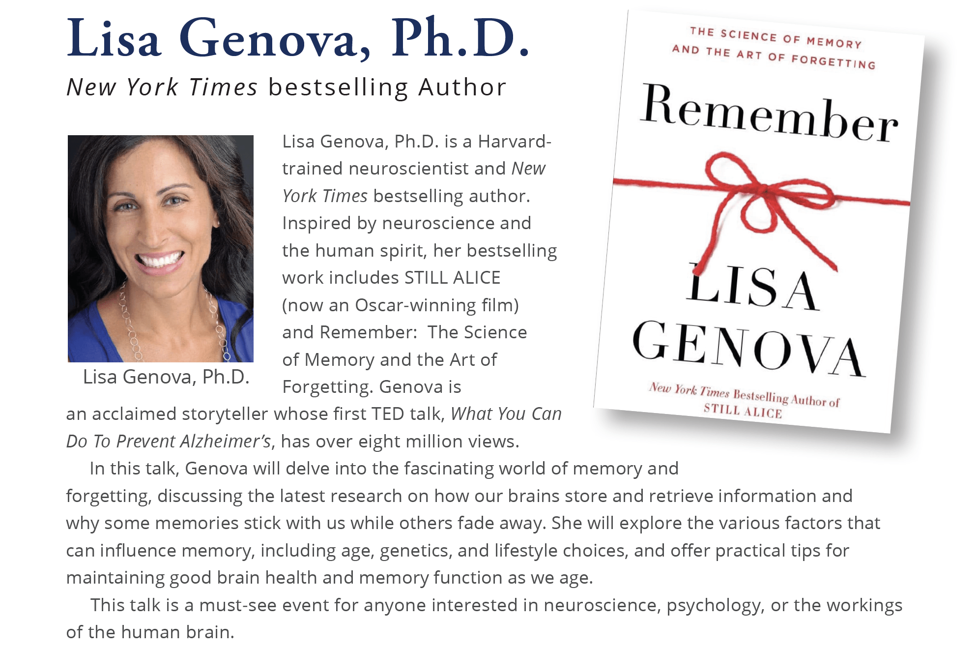 Lisa Genova, Ph.D. - Remember, The Science of Memory and Art of ...